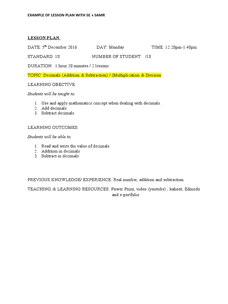 L5 Tutorial - Samr Lesson Plan Example | PDF | Lesson Plan | Teachers