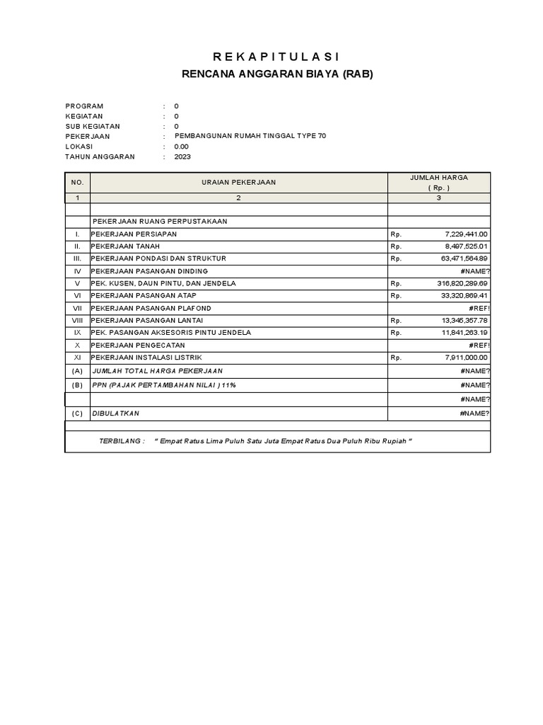 RAB Rumah Tinggal Type 70 | PDF