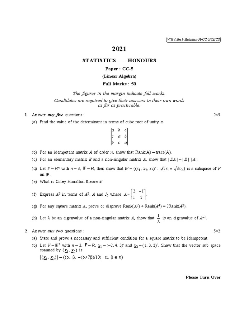 CBCS - BSC - HONS - Sem-3 - STATISTICS - CC-5 - LINEAR ALGEBRA-10096 ...