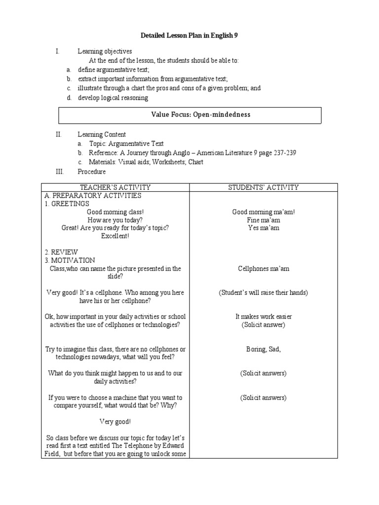Value Focus: Open-Mindedness: Detailed Lesson Plan in English 9 | PDF ...