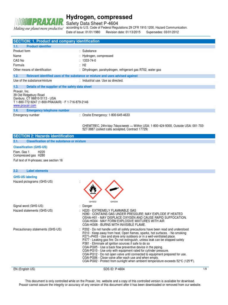 Hydrogen Gas H2 Safety Data Sheet SDS P4604 | PDF