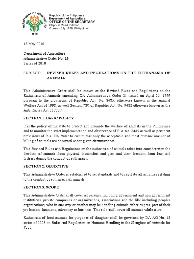 Revised Euthanasia Regulations for Animals | PDF | Animal Welfare