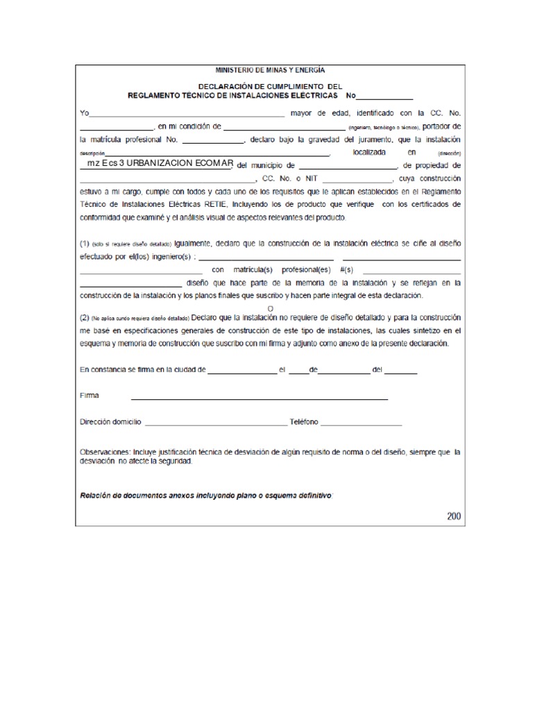 Declaracion de Cumplimiento RETIE Actualizada | PDF