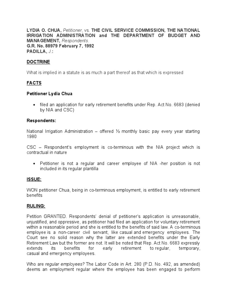 LYDIA O. CHUA, Petitioner, vs. THE CIVIL SERVICE COMMISSION, THE NATIONAL IRRIGATION ...
