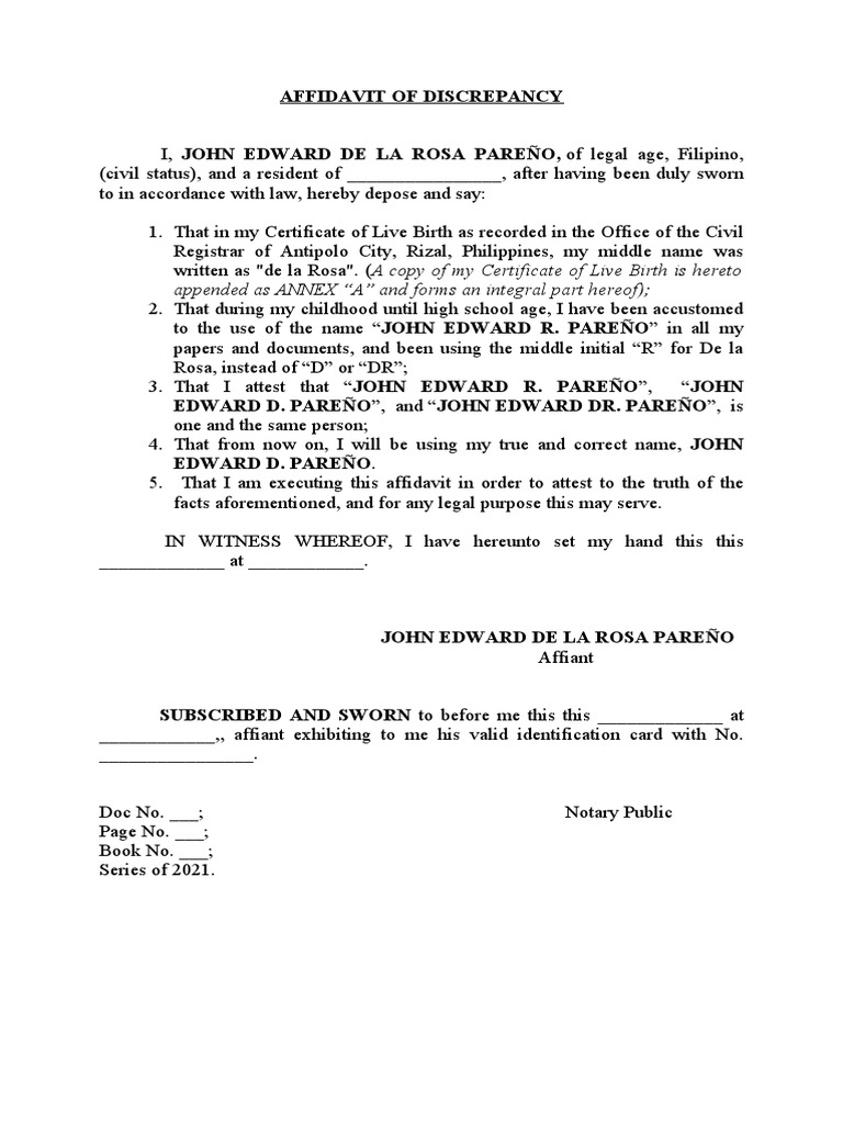 Affidavit of Discrepancy in Name | PDF