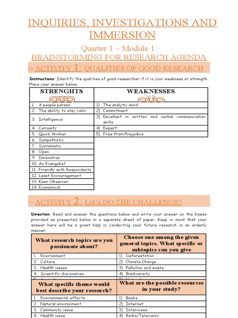 Inquiries, Investigations and Immersion: Quarter 1 - Module 1: Brainstorming For Research Agenda ...