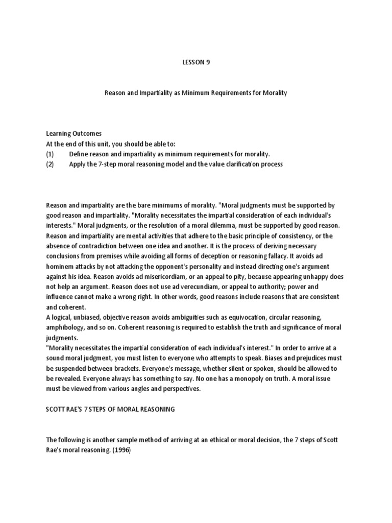 Ethics - LESSON 9 Reason and Impartiality As Minimum Requirements For Morality | PDF | Reason ...