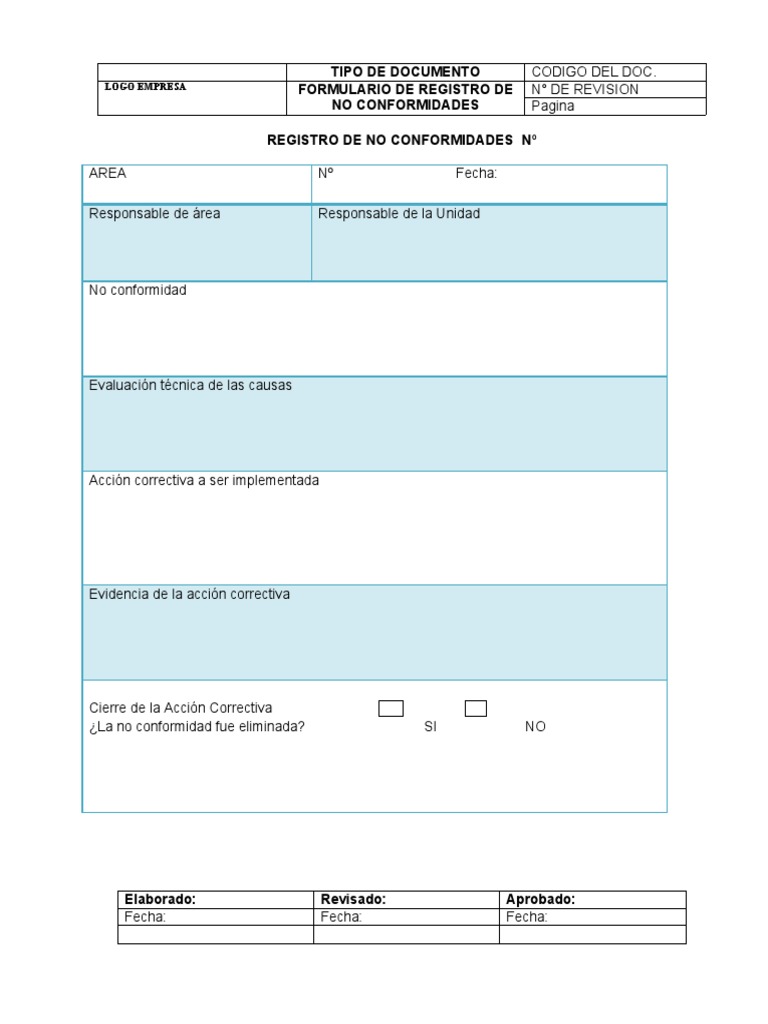 Formulario De Registro De No Conformidades Pdf Finanzas Y Dinero 2821