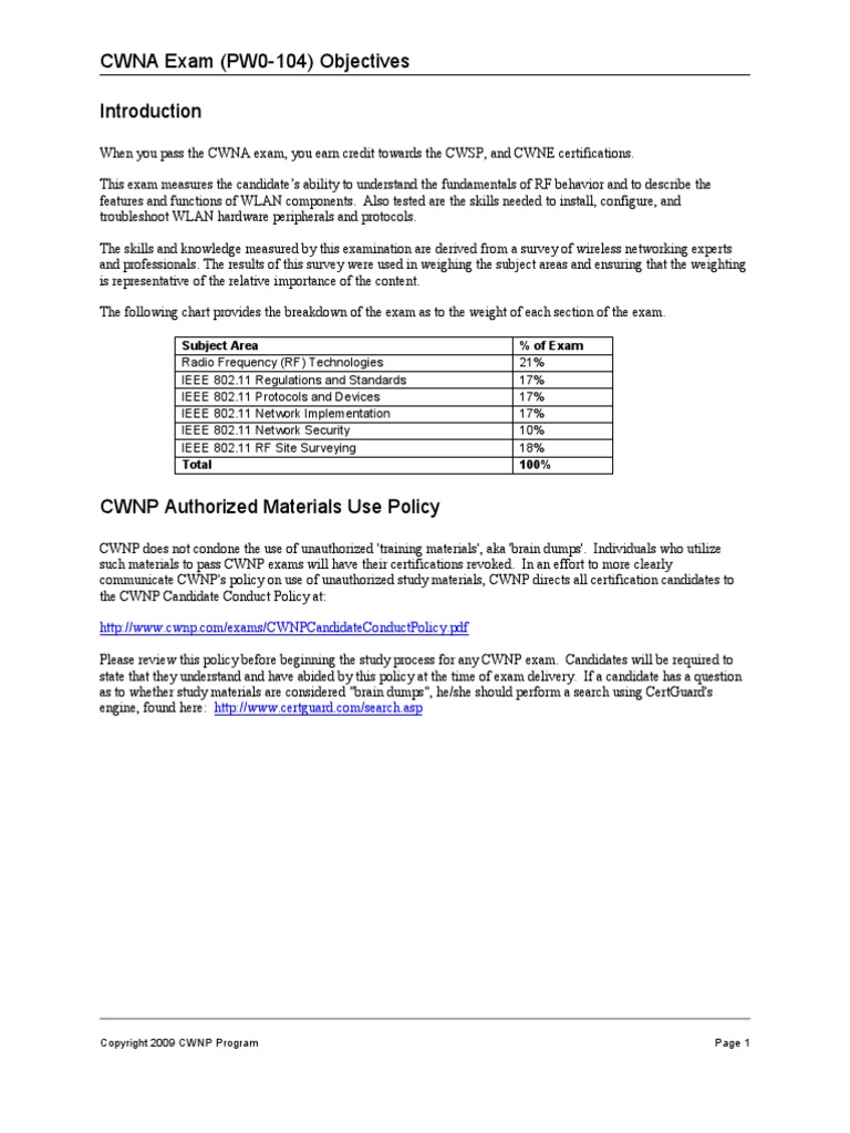 CWNA Exam (PW0-104) Objectives: Subject Area % of Exam | PDF | Ieee 802 ...