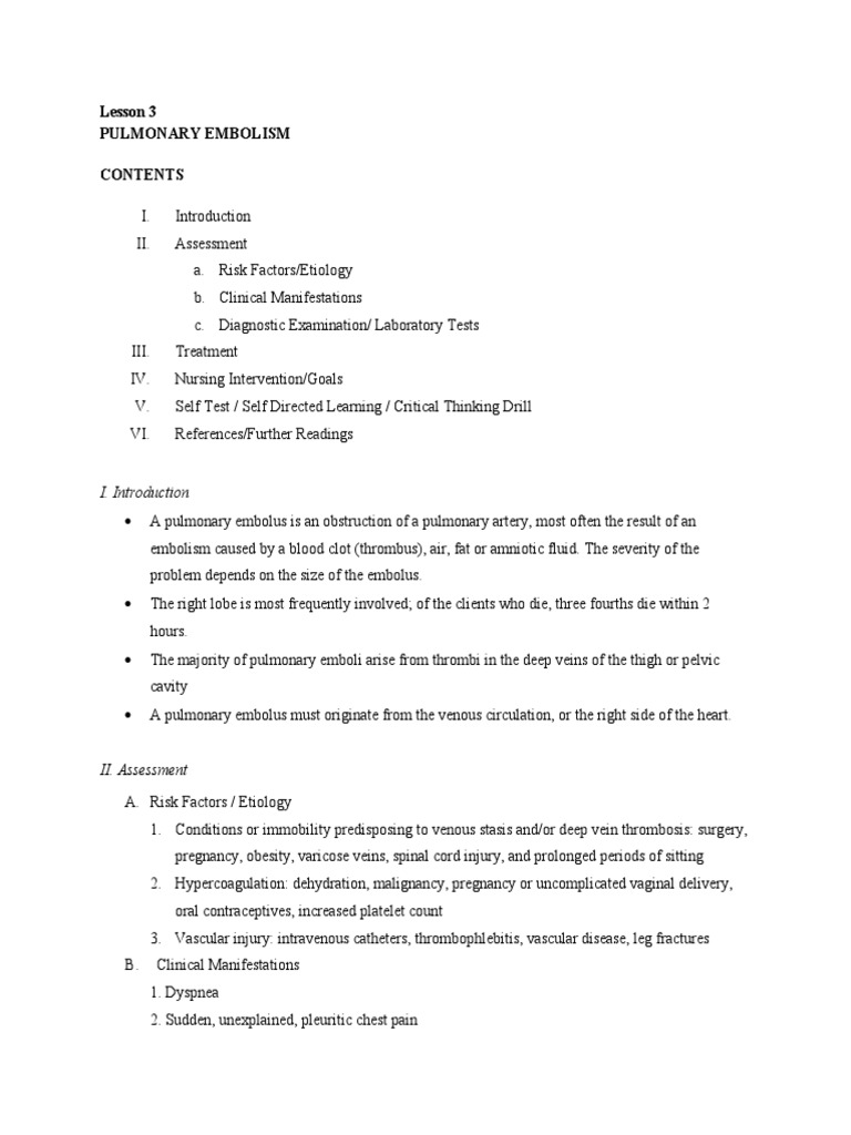 NCM 118 - Lesson 3 (Pulmonary Embolism) | PDF | Vein | Embolism