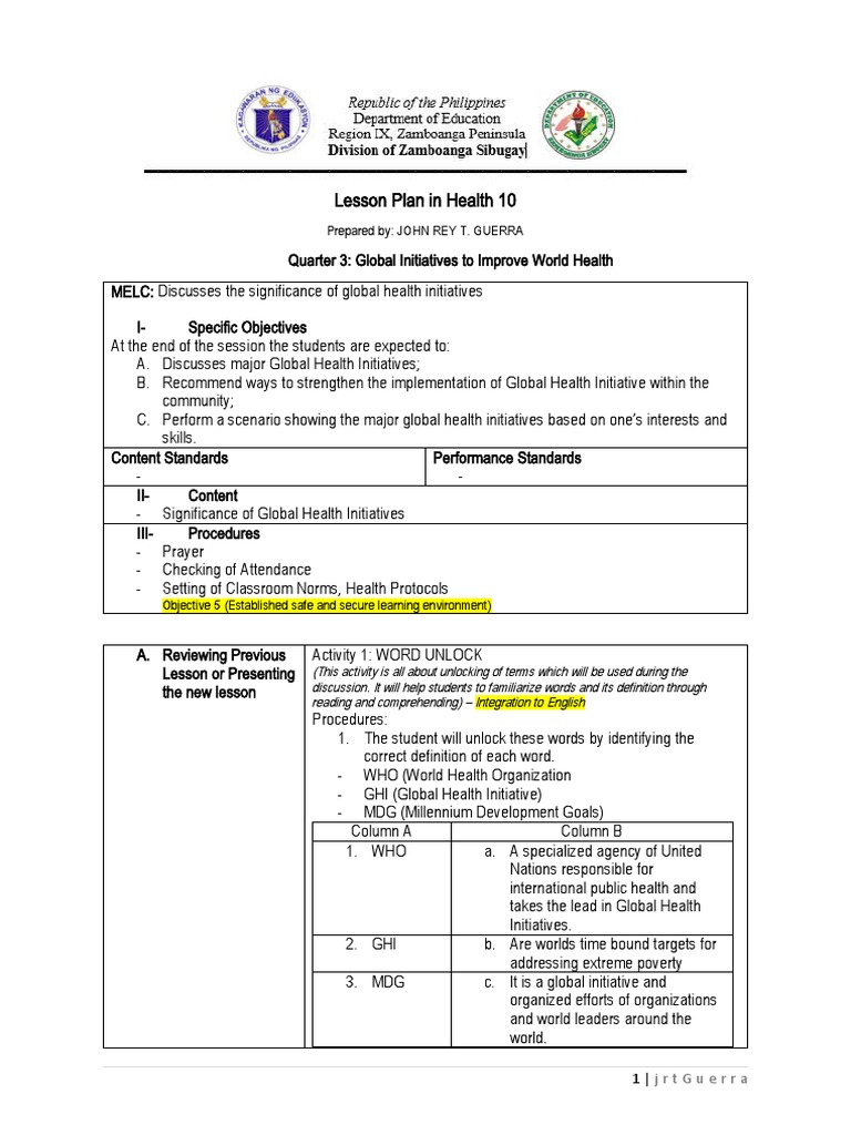 Lesson Plan in HEALTH 10 | PDF | Millennium Development Goals ...