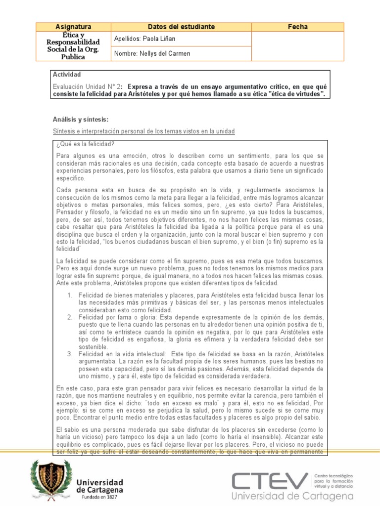 Evaluación Und 2 Ética | PDF | Felicidad | Virtud