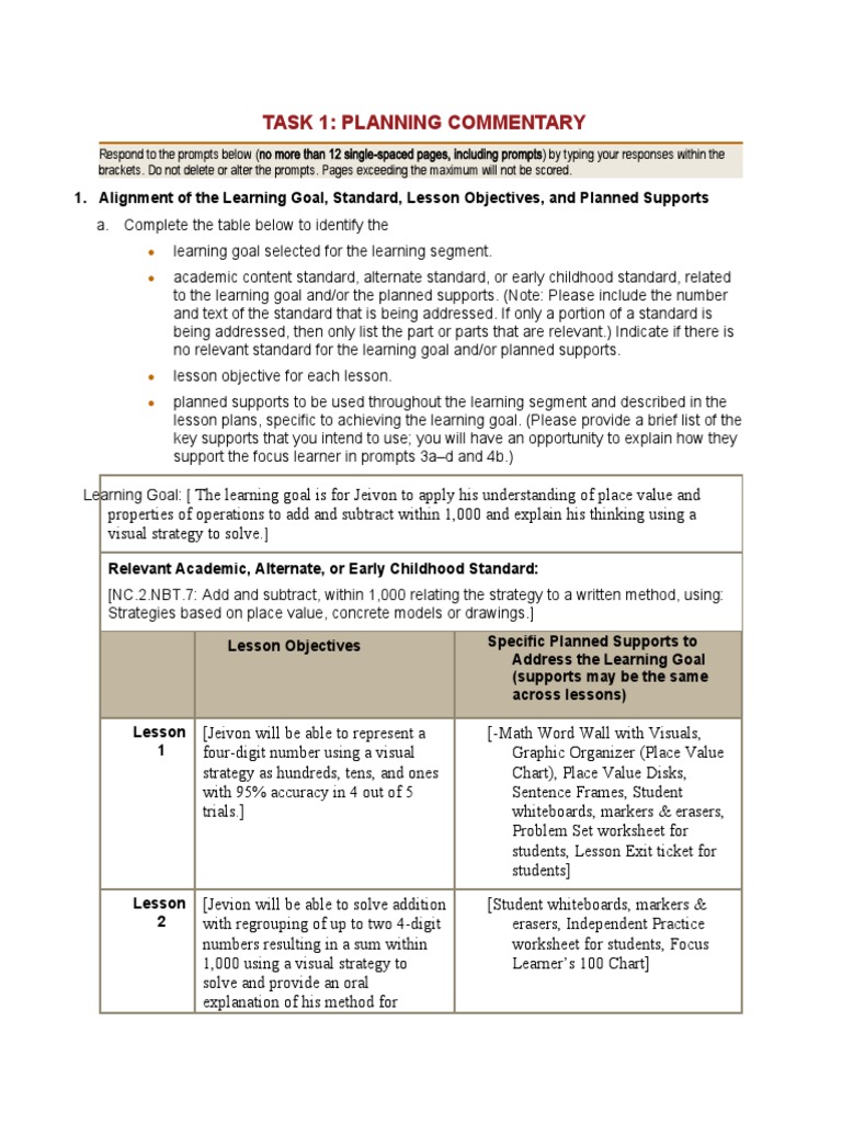 Sample Task 1 Planning Commentary | PDF | Learning | Educational Assessment