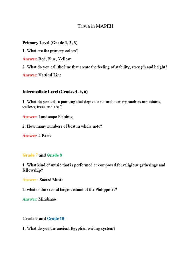 Trivia in MAPEH | PDF