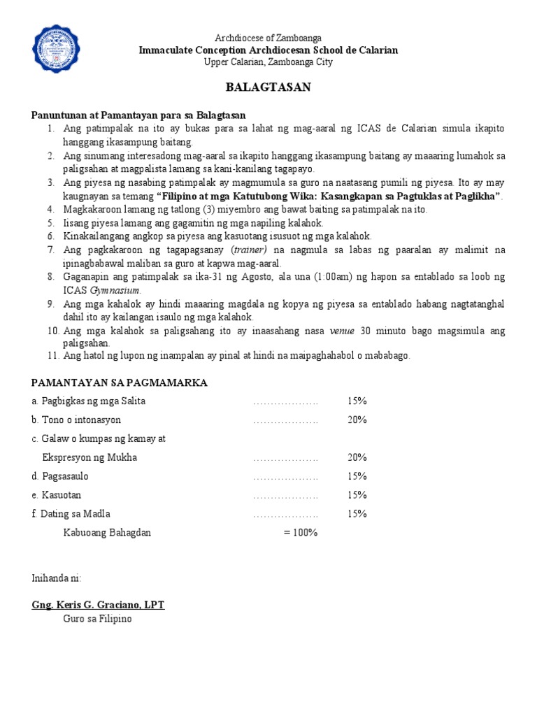 BALAGTASAN Panuntunan at Pamantayan | PDF