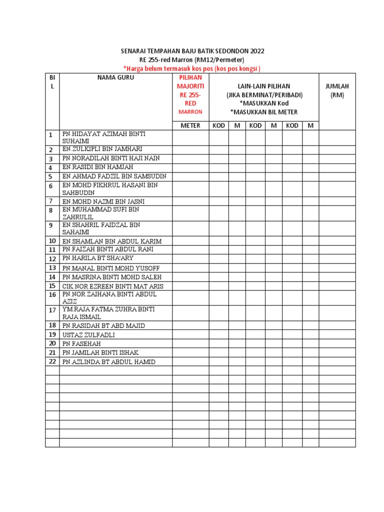 Senarai Tempahan Baju Batik Sedondon 2022 | PDF