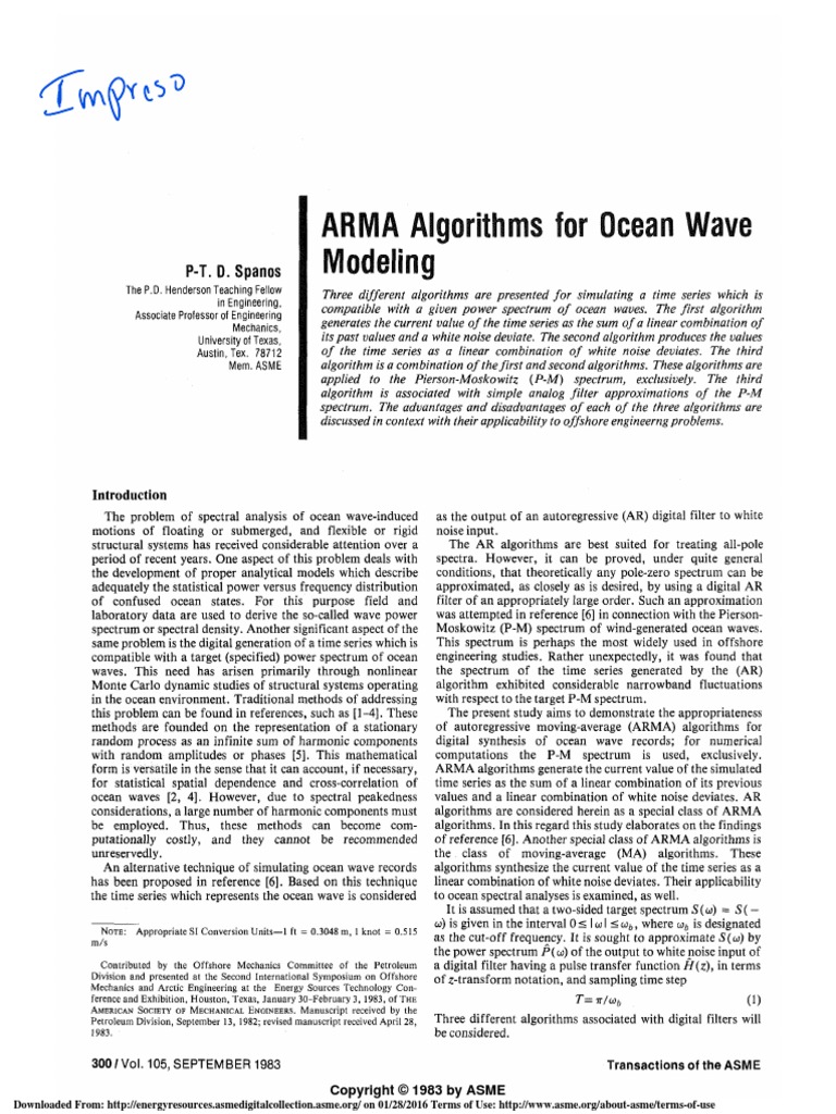 Spanos ARMA Algorithms For Ocean Wave Modeling | PDF | Spectral Density ...
