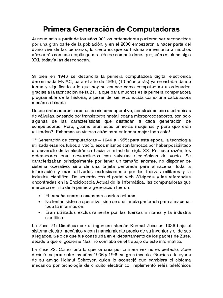 Primera Generación de Computadoras (1946-1955) | PDF | Informática ...