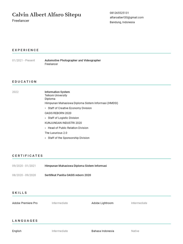 Curriculum Vitae - Calvin Albert Alfaro Sitepu | PDF | Technology ...