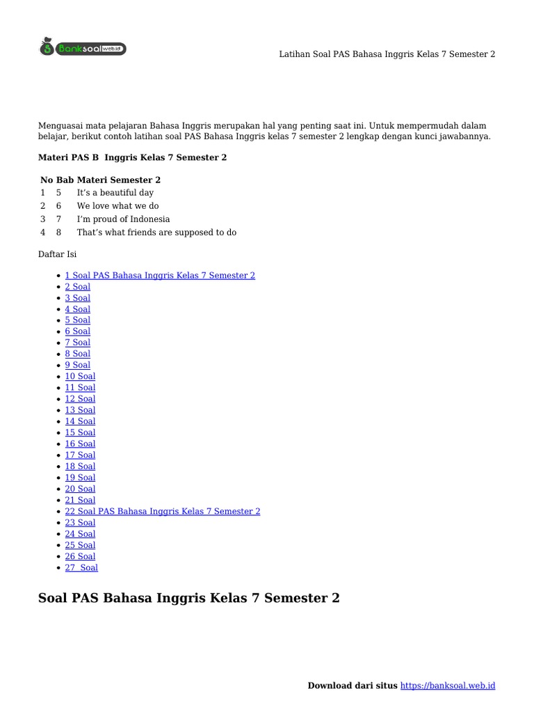 Latihan Soal PAS Bahasa Inggris Kelas 7 Semester 2 | PDF