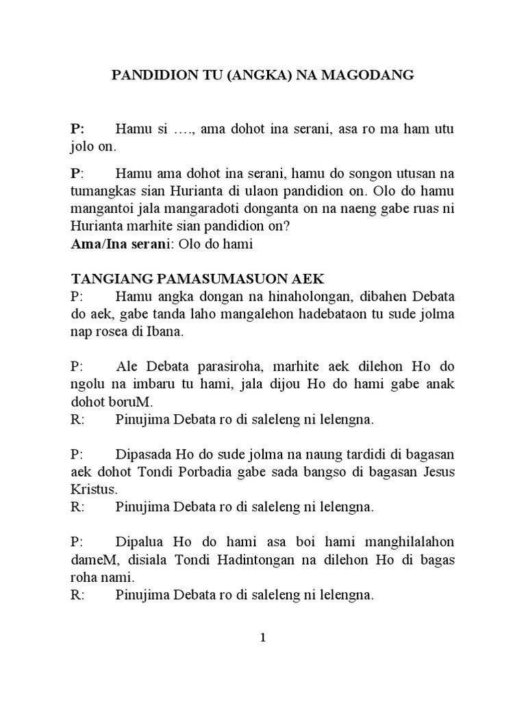 Teks Baptis Bahasa Batak Tu Na Magodang | PDF