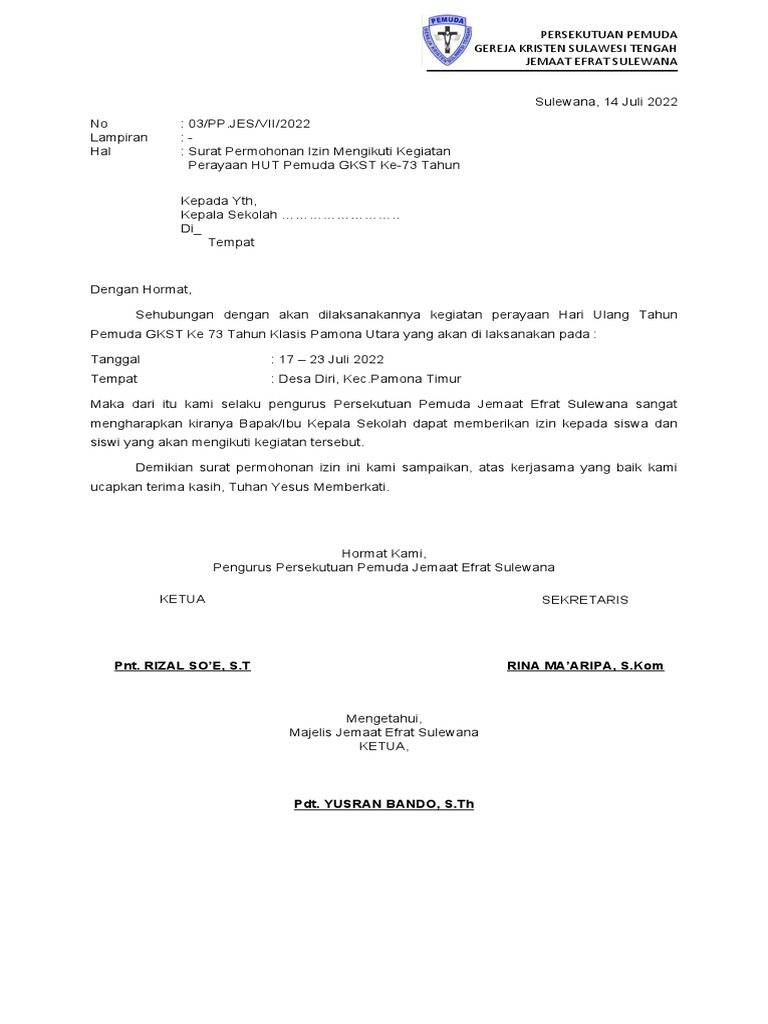 Surat Izin Kegiatan Pemuda GKST | PDF