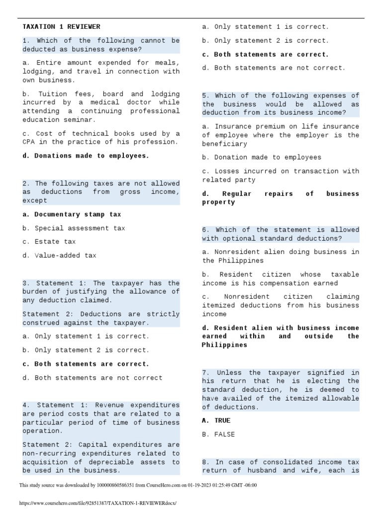 Taxation 1 Reviewer | PDF | Tax Deduction | Income Tax