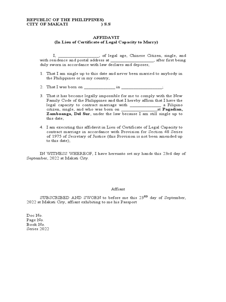 Affidavit of Legal Capacity To Marriage Spanish 1111 | PDF