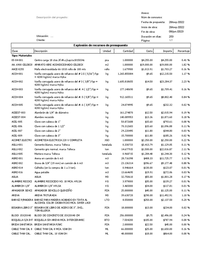 Explosion de Insumos | PDF | Materiales | Ingeniería de Edificación