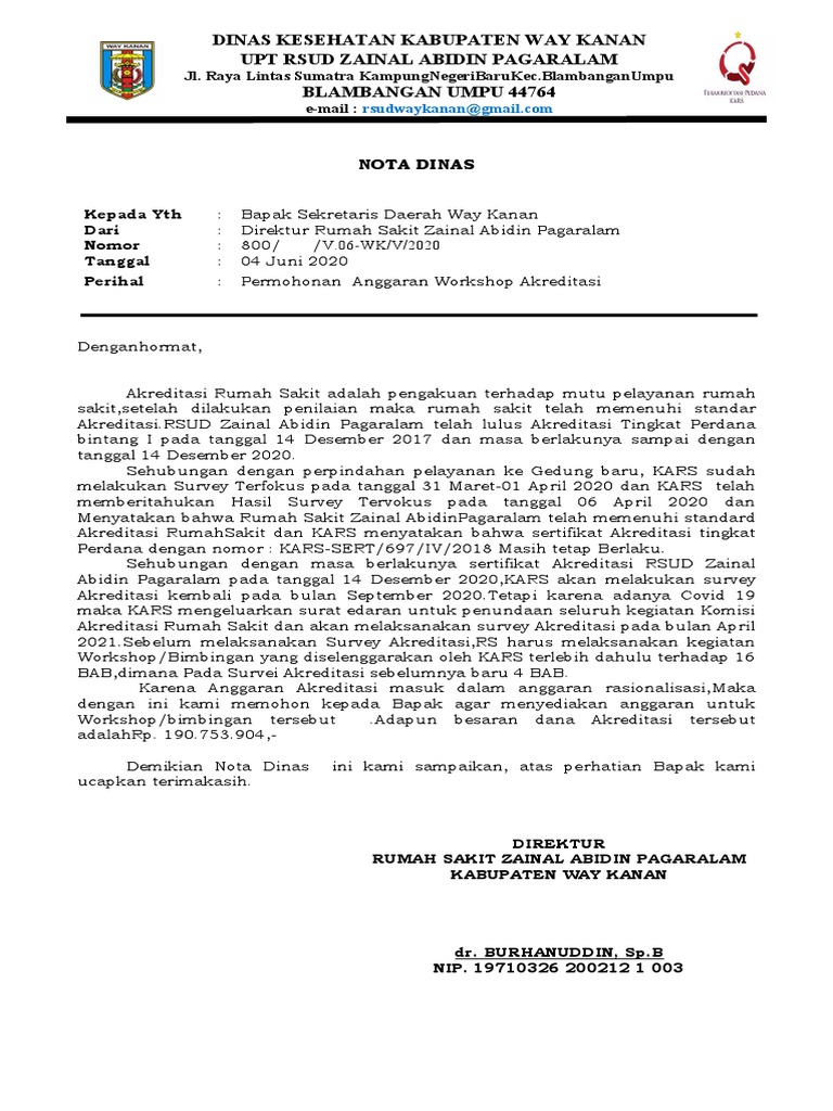 Nota Dinas KE SEKDA Dana Workshop | PDF