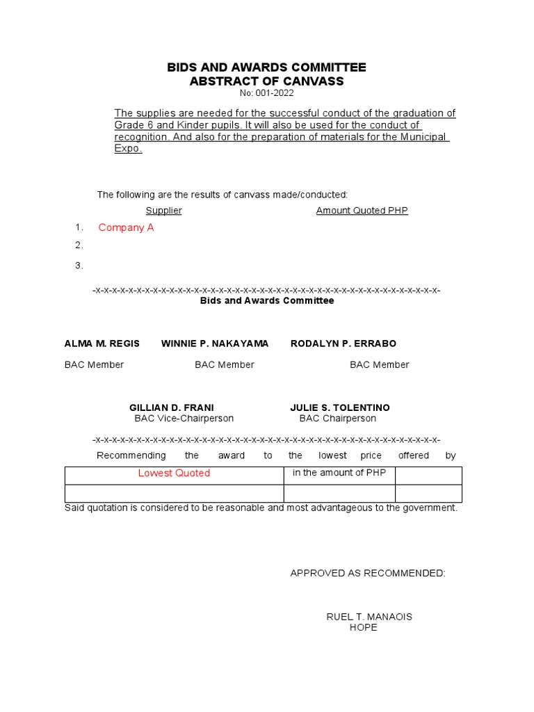 Bids and Awards Committee Abstract of Canvass | PDF