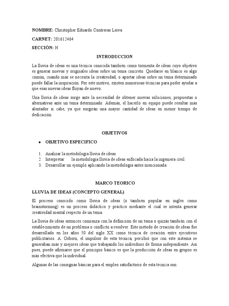 Christopher Contreras - 201612464 - Seccion N | PDF | Lluvia de ideas ...