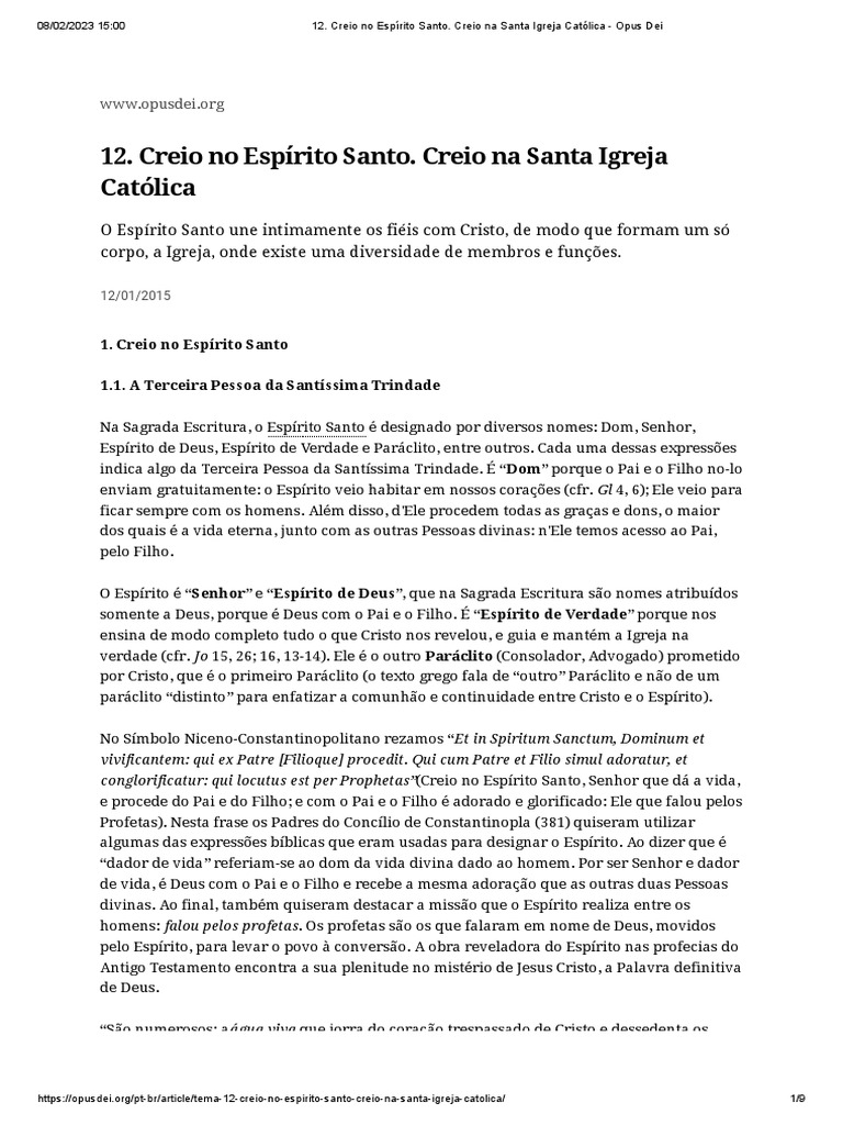 Creio no Espírito Santo e na Igreja Católica | PDF | Igreja católica ...