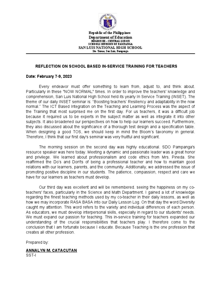 Reflection On School Based Inset | PDF | Teachers | Learning