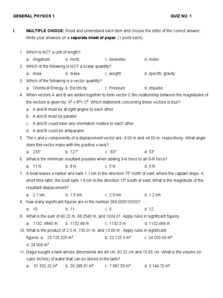 Quiz 1 General Physics 1 | PDF | Euclidean Vector | Force