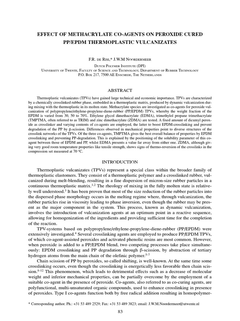 Effect of Methacrylate Co-Agents On Peroxide Cured PP Epdm ...