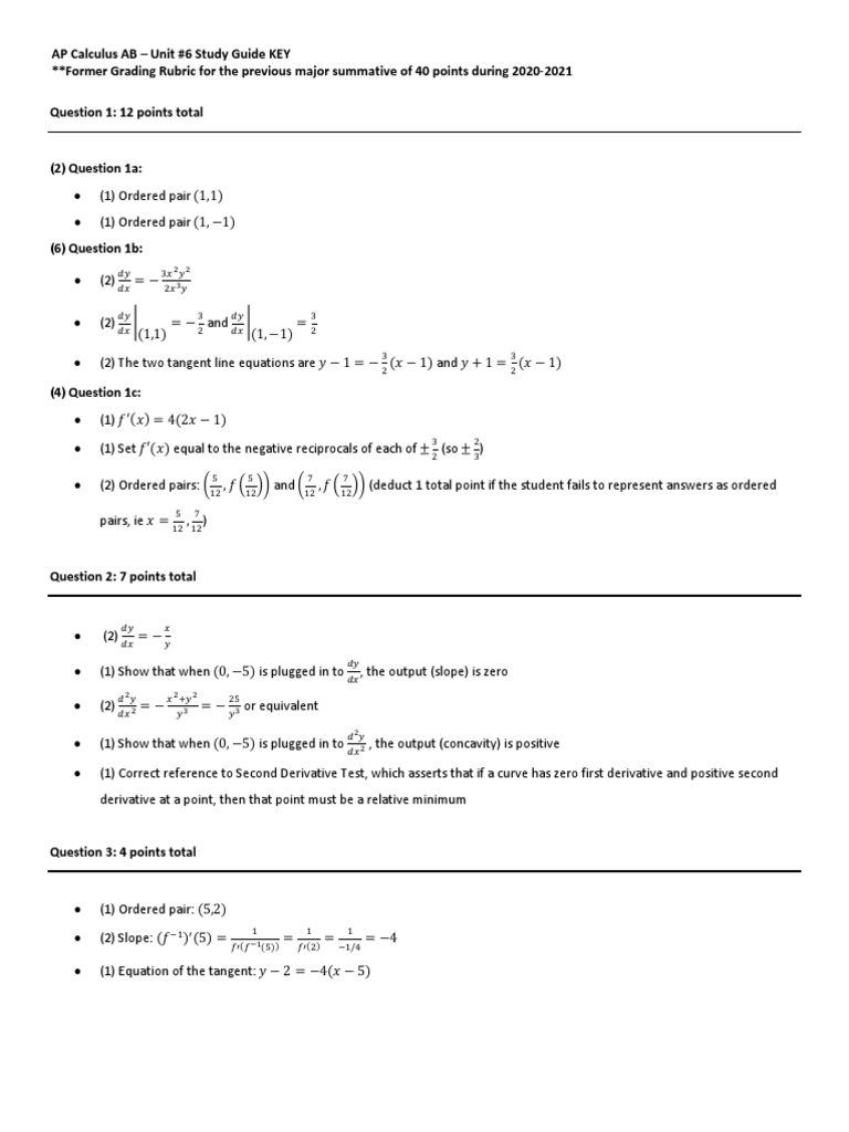 AP Calculus AB - Study Guide Unit 6, Former Grading Rubric For ...