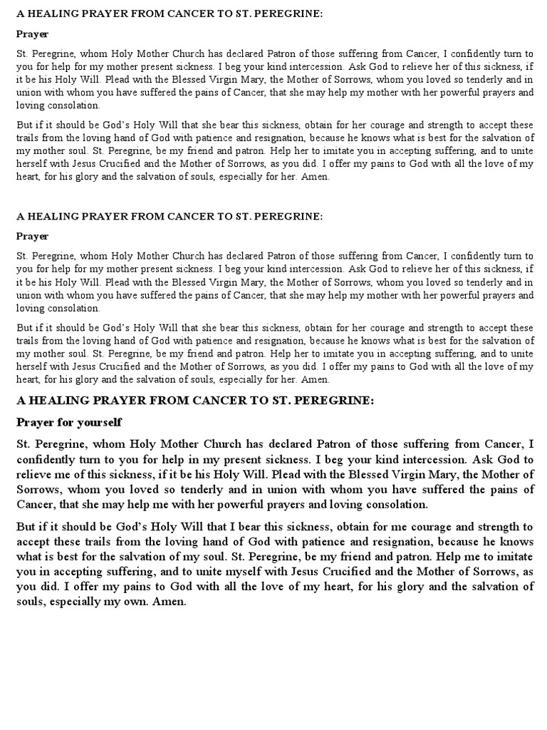 St. Peregrine Cancer Healing Prayer | PDF | Mary, Mother Of Jesus | Prayer