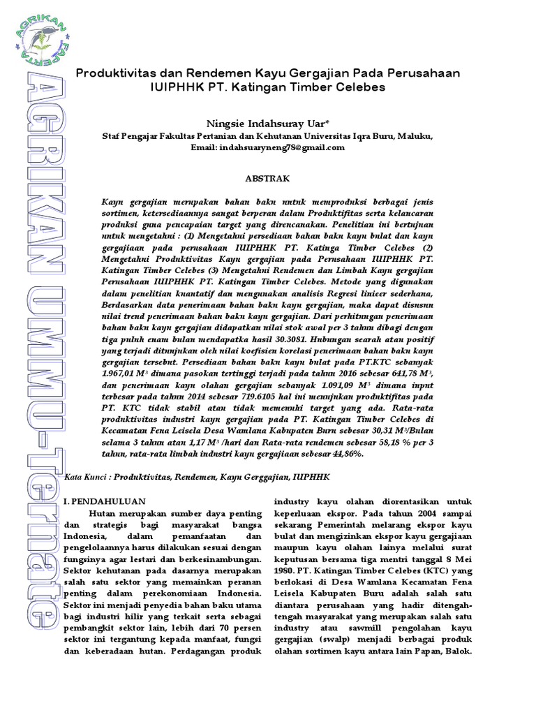 Produktivitas Dan Rendemen Kayu Gergajian Pada Per | PDF
