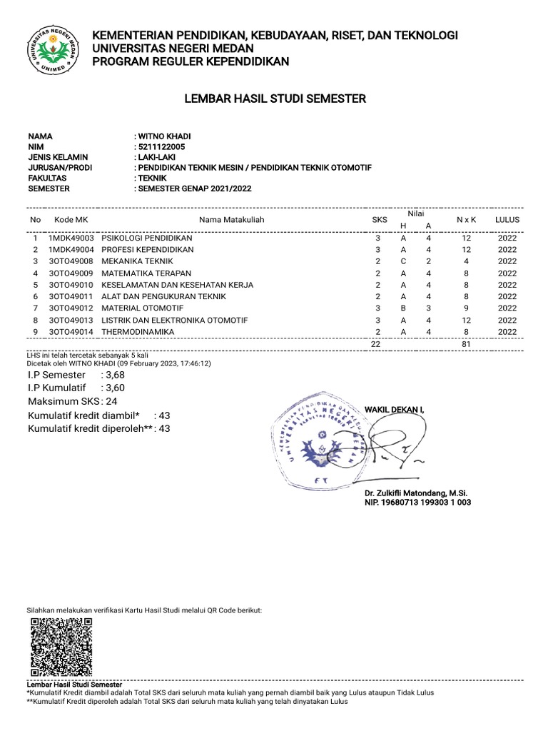 Semester 2 Kartu Hasil Studi (KHS) - AKAD UNIMED | PDF