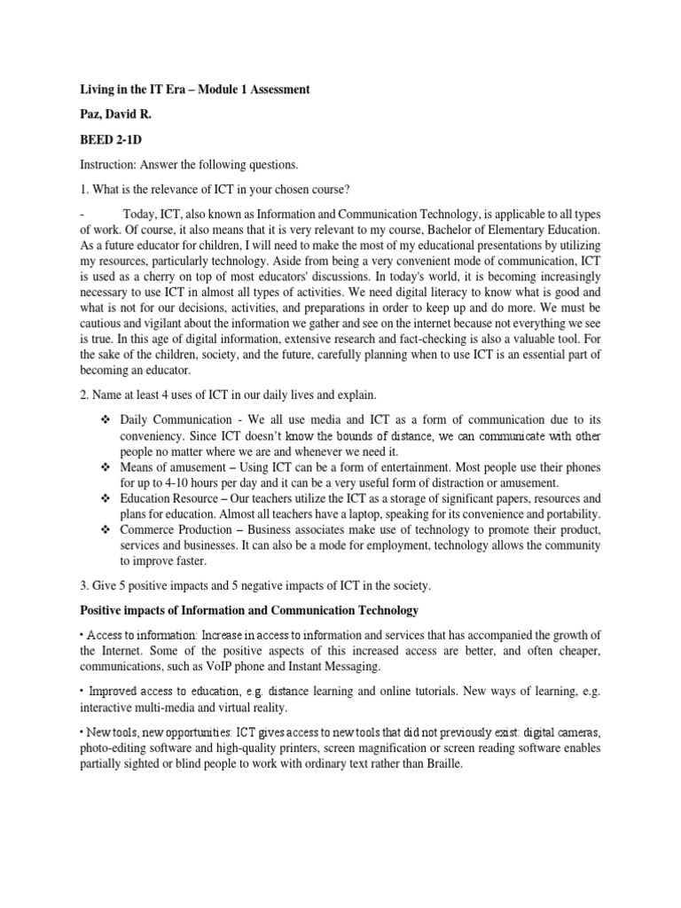 Module 1 Assessments ICT | PDF | Information And Communications Technology | Information Technology