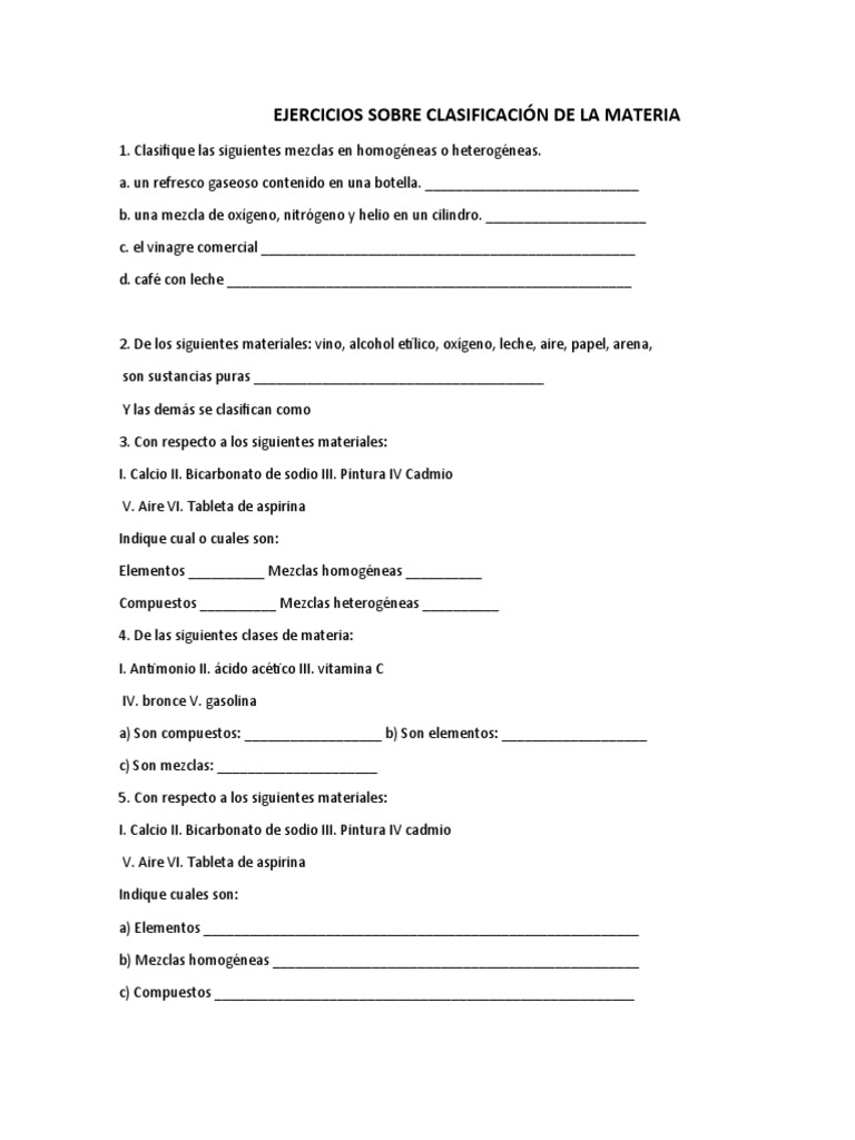 Ejercicios Sobre Clasificación de La Materia | PDF | Oxígeno | Ácido