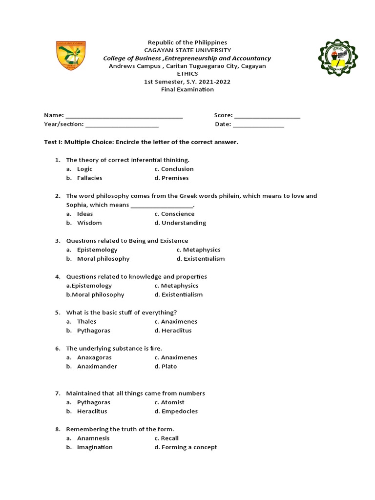 Ethics Final Examination | PDF | Reason | Metaphysics