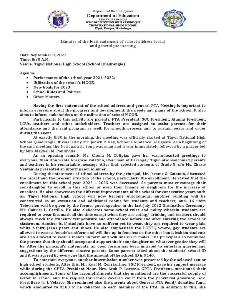 Minutes of SOSA & General PTA Meeting | PDF