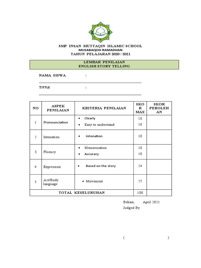 Story Telling Scoring Table | PDF