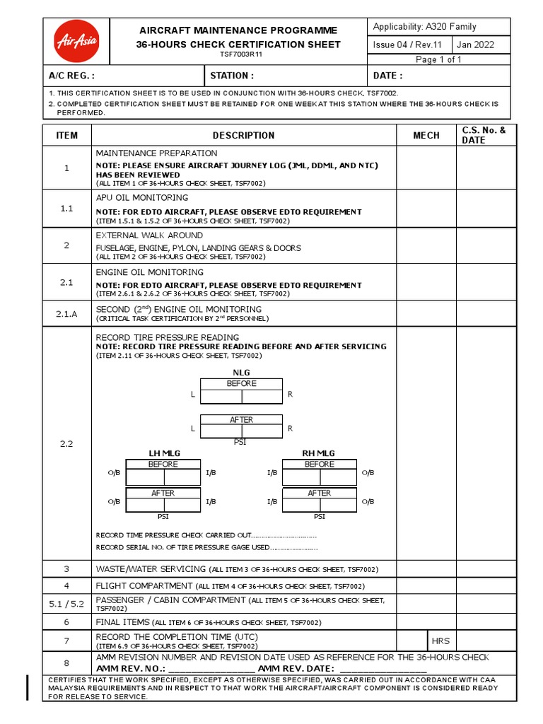 A320 Family Aircraft 36-Hour Check Certification Sheet | PDF ...