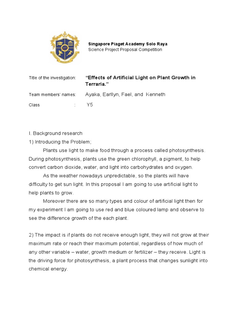Science Project Proposal (Template) | PDF | Light | Photosynthesis