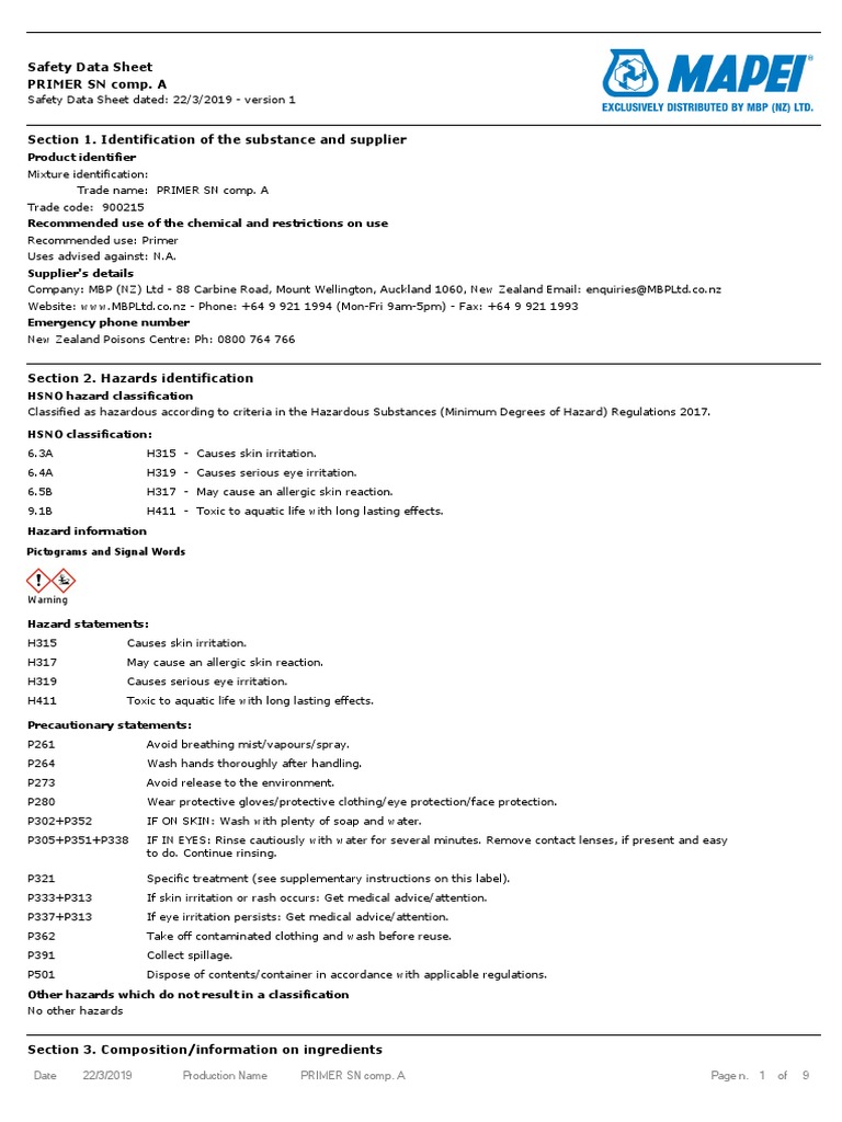 Primer SN Comp A - 900215 - NZL Sds - 22 03 2019 | PDF | Dangerous ...