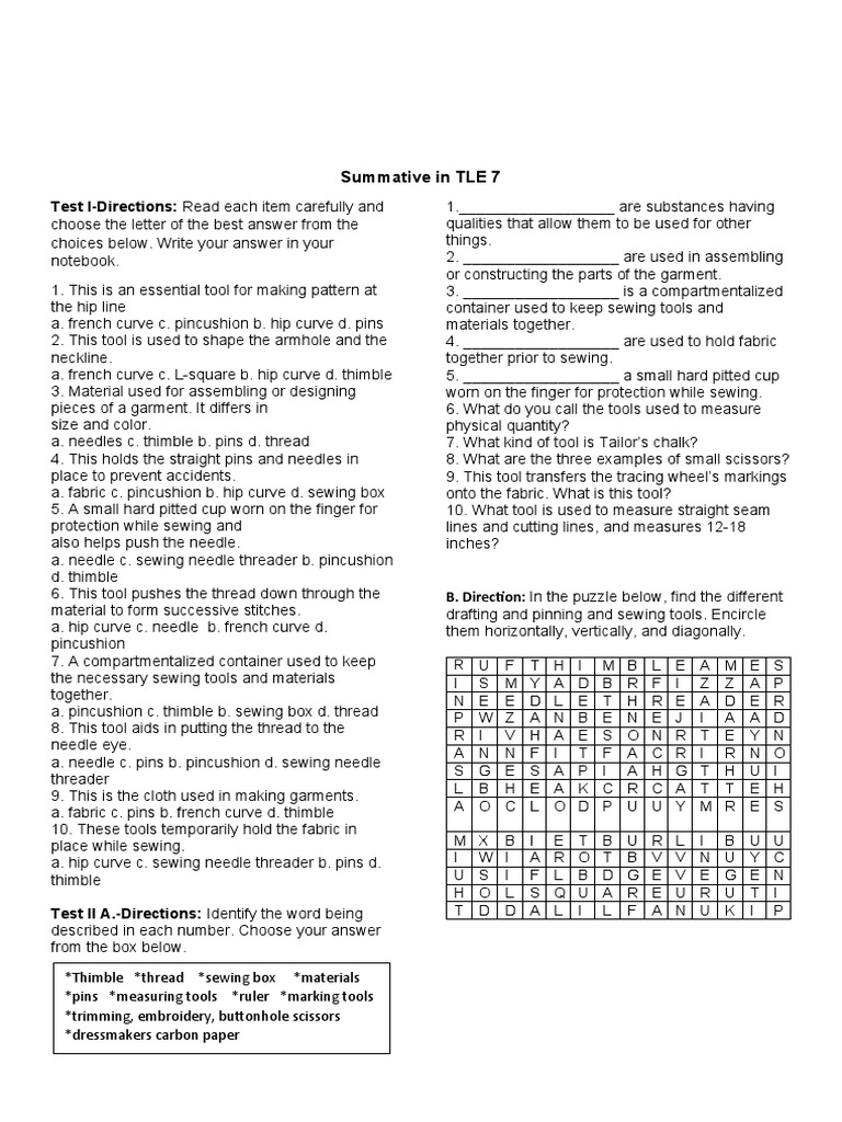 Summative1 in TLE 7 Dressmaking | PDF | Sewing | Clothing