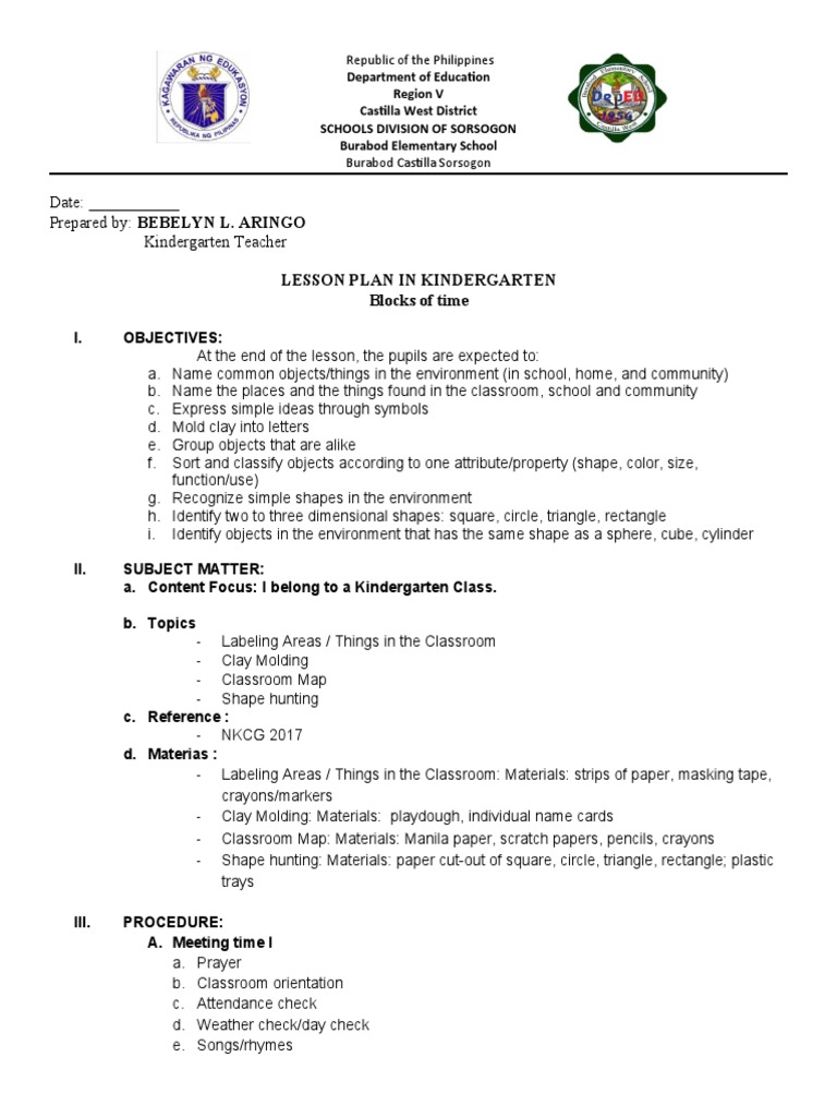 Date: - Prepared By: BEBELYN L. ARINGO Kindergarten Teacher | PDF ...